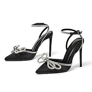 Elisabet Tang Women's High Heel Pumps,Satin Rhinestone Bowknot Lace Up Sandals Pointed Toe Ankle Buckle Straps Pump Stiletto Sandals Black Size 8