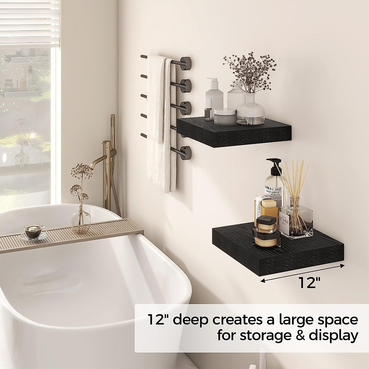 Black Floating Shelves 24 inches Long Set of 3, Bathroom Wall Shelves Over Toilet for Towels, Modern Wood Mounted Storage Shelf for Bedroom Living Laundry Room Kitchen Office Closet