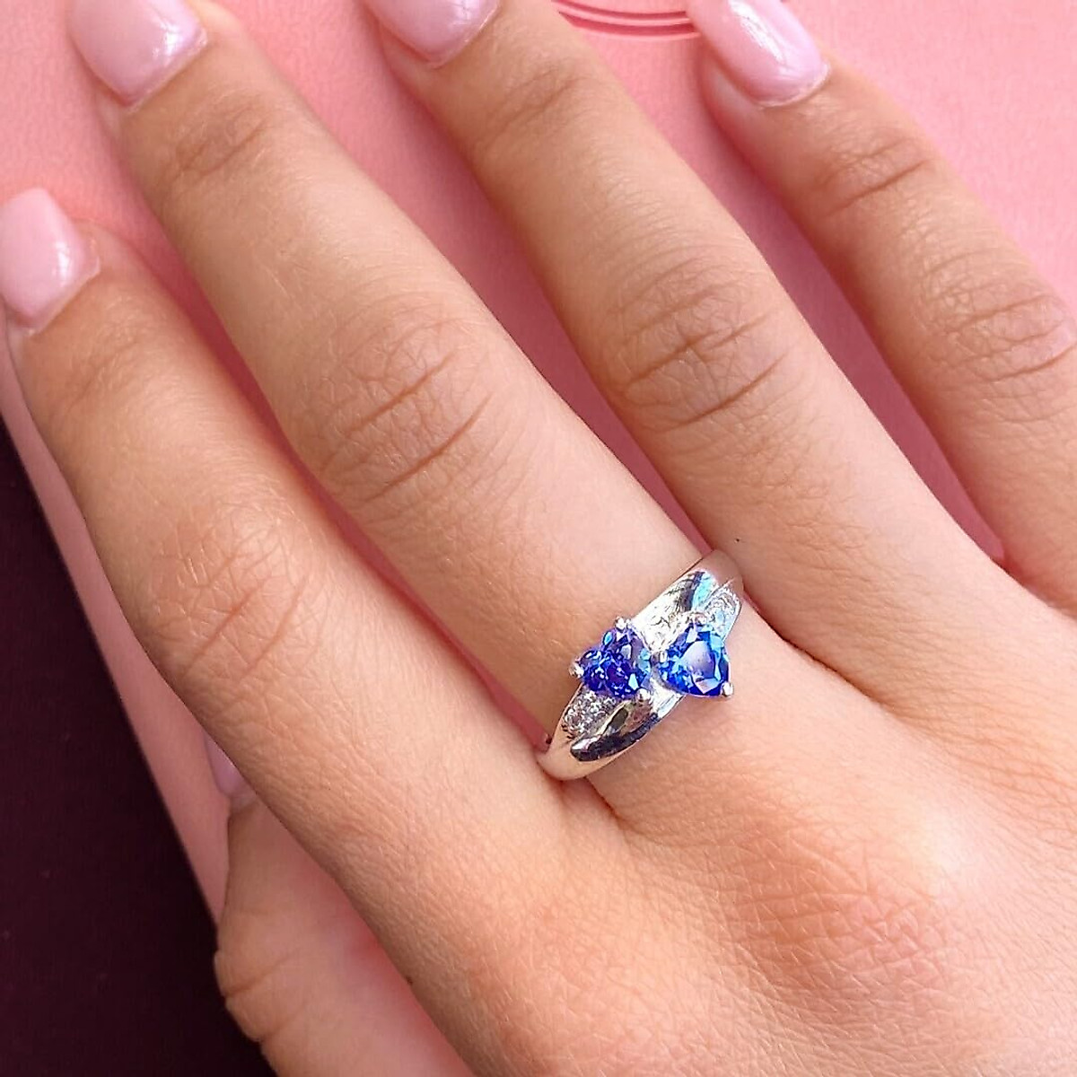 PaulaMax Jewelry Promise Rings for Her – Custom Birthstone Ring for Women in Sterling Silver – Personalized 2 Heart Birthstones, Size 8