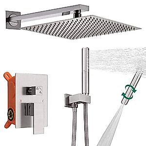 Hoimpro Shower System set with 12 Inch Bathroom Rain Mixer Shower Head and Handheld Wall Mounted, Rainfall Shower Faucet Fixture Combo with High Pressure 2 in 1 Handheld Showerhead, Brushed Nickel