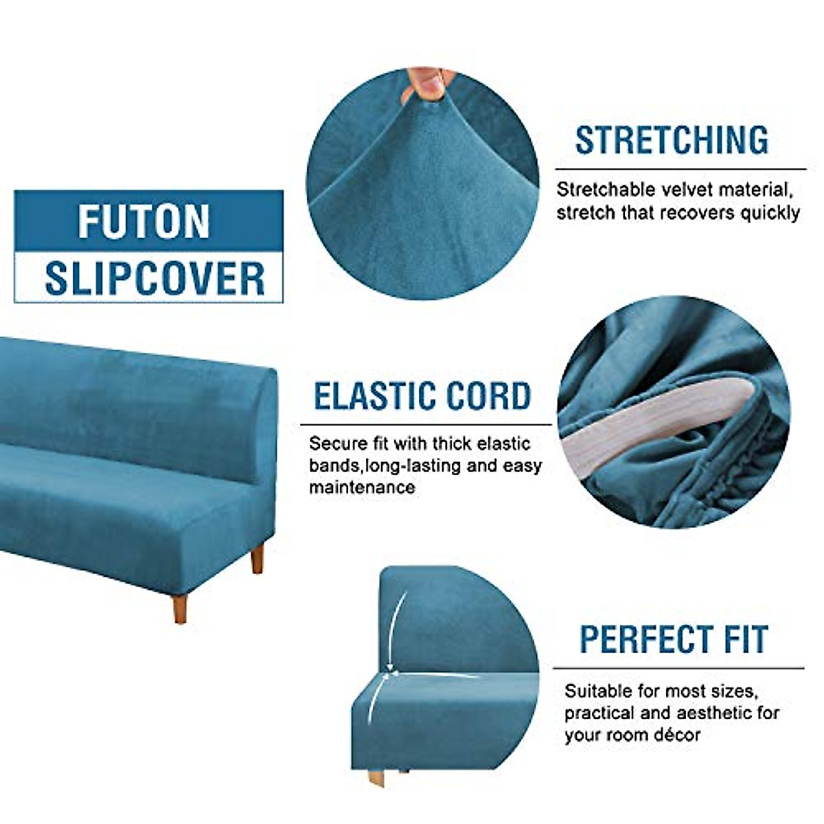 H.VERSAILTEX Real Velvet Futon Cover Armless Sofa Covers Sofa Bed Covers Stretch Futon Couch Cover Sofa Slipcover Furniture Protector Thick Soft Velvet Fabric Form Fitted Stay in Place, Peacock Blue
