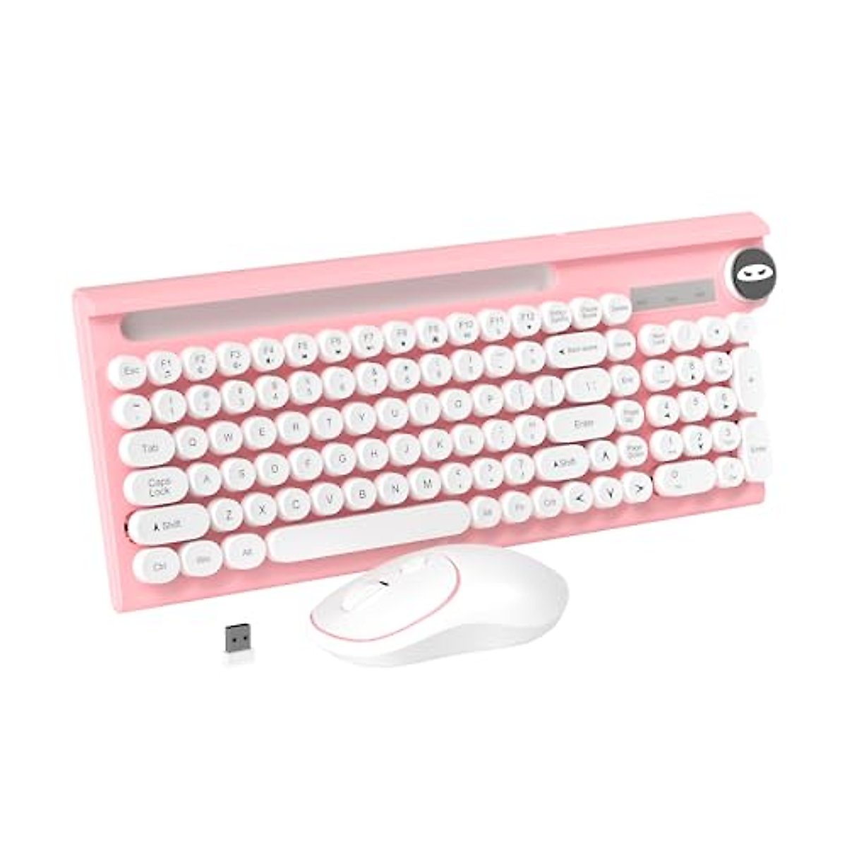 Typewriter Style Wireless Keyboard and Mouse Combo, Cute Pink Wireless Keyboard Mute Keyboard 2.4G with Retro Round Keycap Ergonomic Design and Waterproof Keyboard Mouse Combo, White & Pink