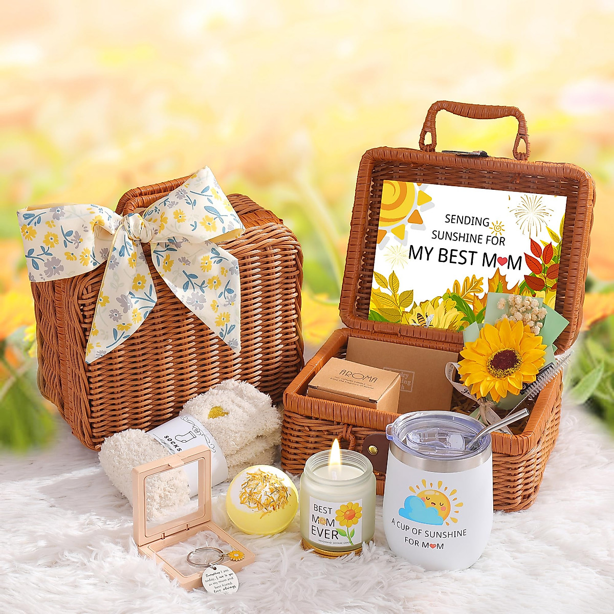 RYANDYPE Mother's Gifts for Mom,Sunflower Gifts for Mom From Daughter Son,Mom Birthday Basket Box Gifts Ideas Sending Sunshine for Mom