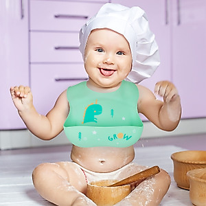 myHomeBody Waterproof Baby Bibs, Baby Bib Catcher, Baby Bib with Food Catcher, Baby Bibs Reusable, Cute Baby Bibs Silicone, Green Dinosaur, 1pc