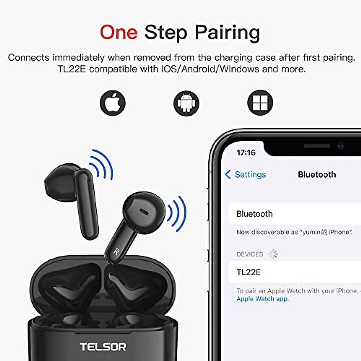 TELSOR Wireless Earbuds for iPhone, Bluetooth Headphones Touch Control Stereo Sound Bluetooth Earbuds with Noise Cancelling Mic for Calls, 30H Playtime, IPX7 Waterproof Earbuds for Android, Black