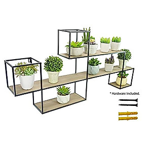 Admired By Nature White Oak Wood Modern Offset Mounted Metal Hanging Storage Floating Shelves, Black, ABN5E159-NTRL Wall Shelf