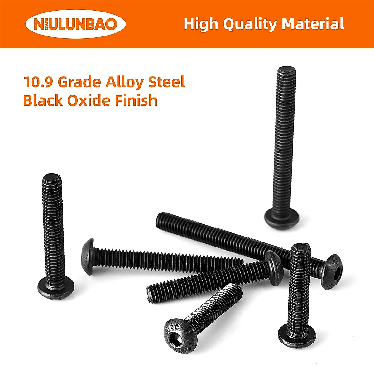 NIULUNBAO M4 x 30mm 35mm 40mm 45mm 50mm Button Head Socket Cap Screws Bolts, 10.9 Grade Alloy Steel Metric, Black Oxide Finish, Allen Hex Drive, Machine Fully Threaded, Assortment Kit 50PCS
