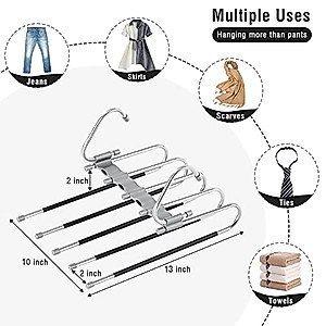 TECHMILLY Magic Pants Hangers Space Saving with Clips, 2 Pack Non-Slip Closet Organizer Hanger, Multi Use 5 in 1 Pants Rack Hanger for Jeans, Trousers, Leggings (Gray)