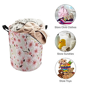 Seamless Japanese Pink White Cherry Blossom Flowers Drawstring Collapsible Waterproof Laundry Hamper, Oxford Cloth Washing Basket Bin Storage Bucket with Handles for Toys Clothes
