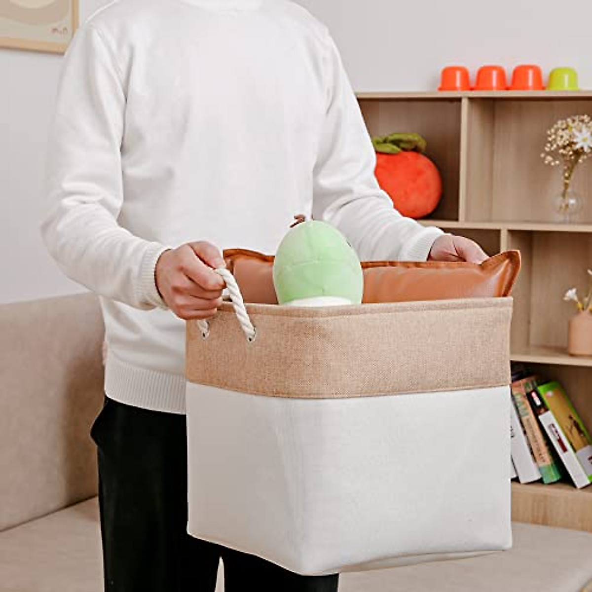 Large Cube Storage Baskets Organizer (10.5" x 10.5" x 11") for Clothes Toys Towel Books, Canvas Fabric Sturdy Collapsible Storage Boxes with Cotton Handles for Closet, Shelves (Beige/Brown, 6 Pack)
