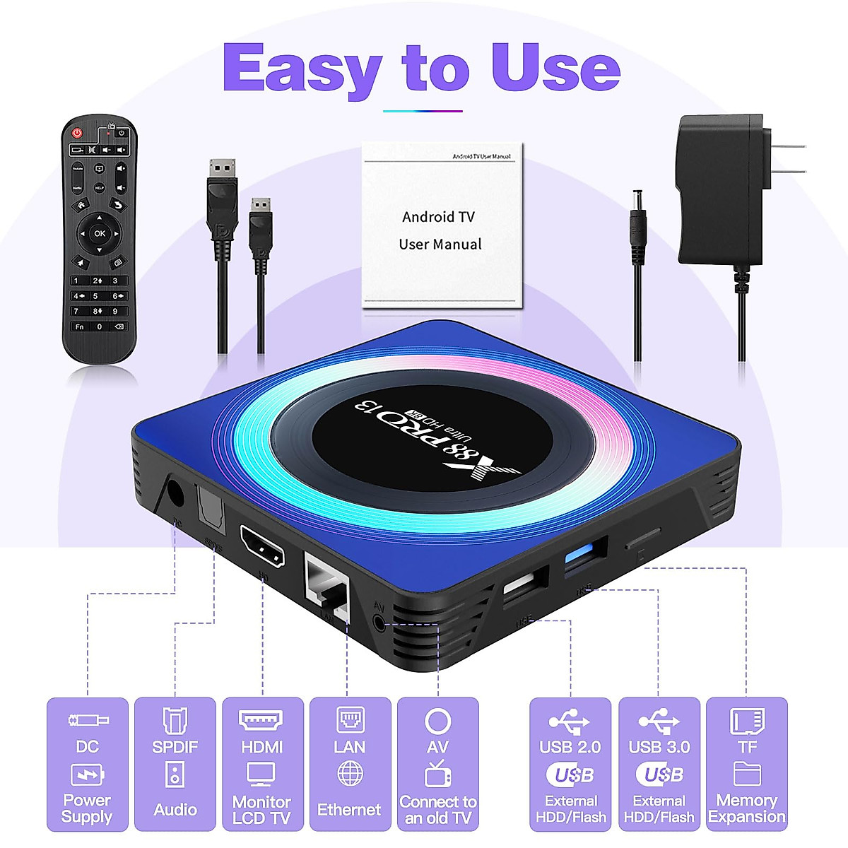 BL Android TV Box 13.0, 2025 Android TV Box 4GB RAM 32GB ROM 6K 8K Wi-Fi 6, X88PRO 13 TV Box Android RK3528 Quad-Core 2.4G/5G Wi-Fi Bluetooth 5.0 USB 3.0 Android Box
