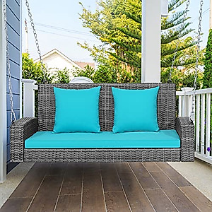 RELAX4LIFE 2-Person Porch Swing Bench - PE Rattan Outdoor Swing Chair with Comfortable Seat & Back Cushions, Rustproof Metal Chains, Patio Loveseat Swing for Balcony, Garden, Yard, 800 LBS (Turquoise)