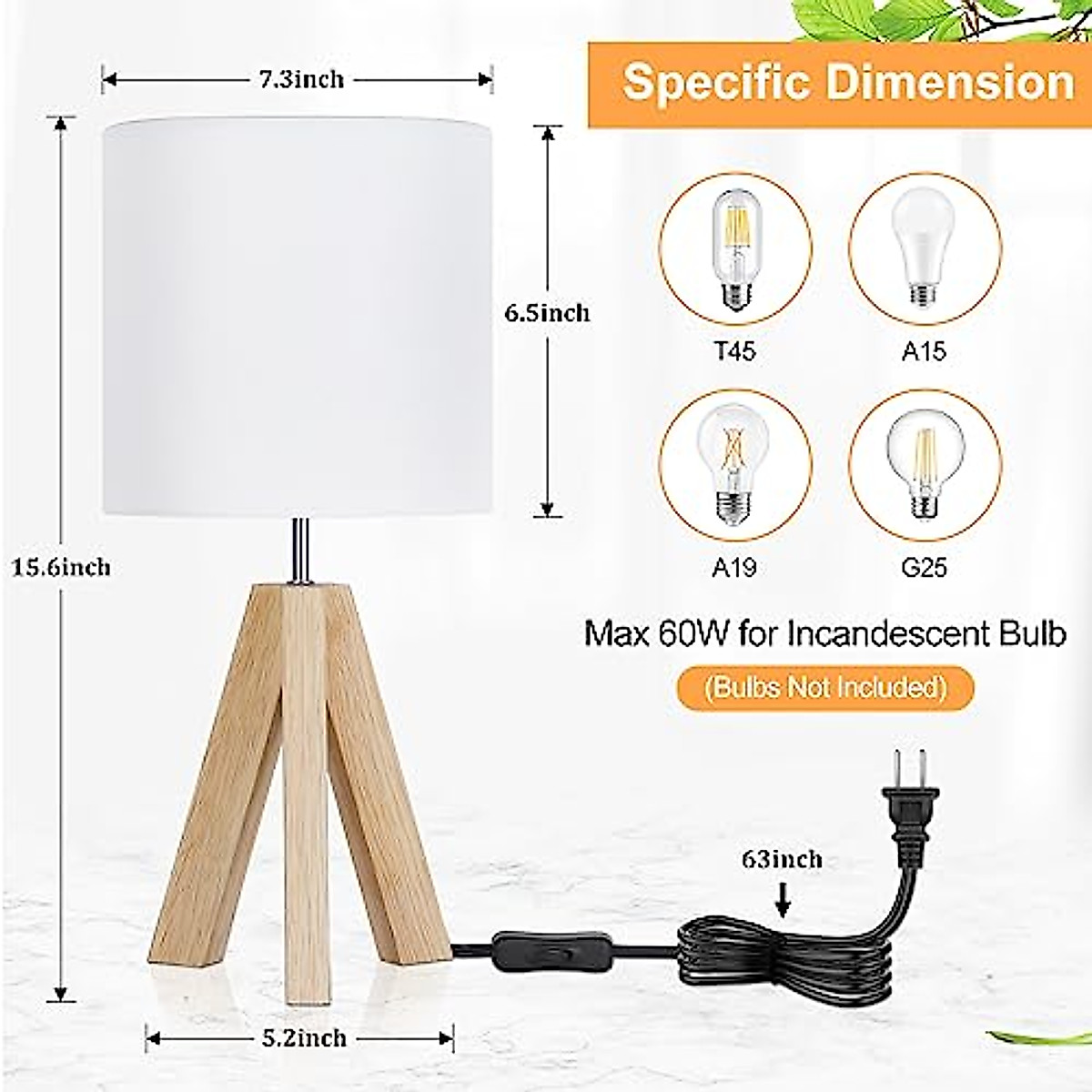Small Beside Table Lamp, Wood Tripod Table Lamp with White Fabric Shade, Cute Boho Nightstand Lamp, Minimalist Desk Lamp for Bedroom, Living Room, Nursery, Kids Room, Office, Dorm, Bulb Not Included