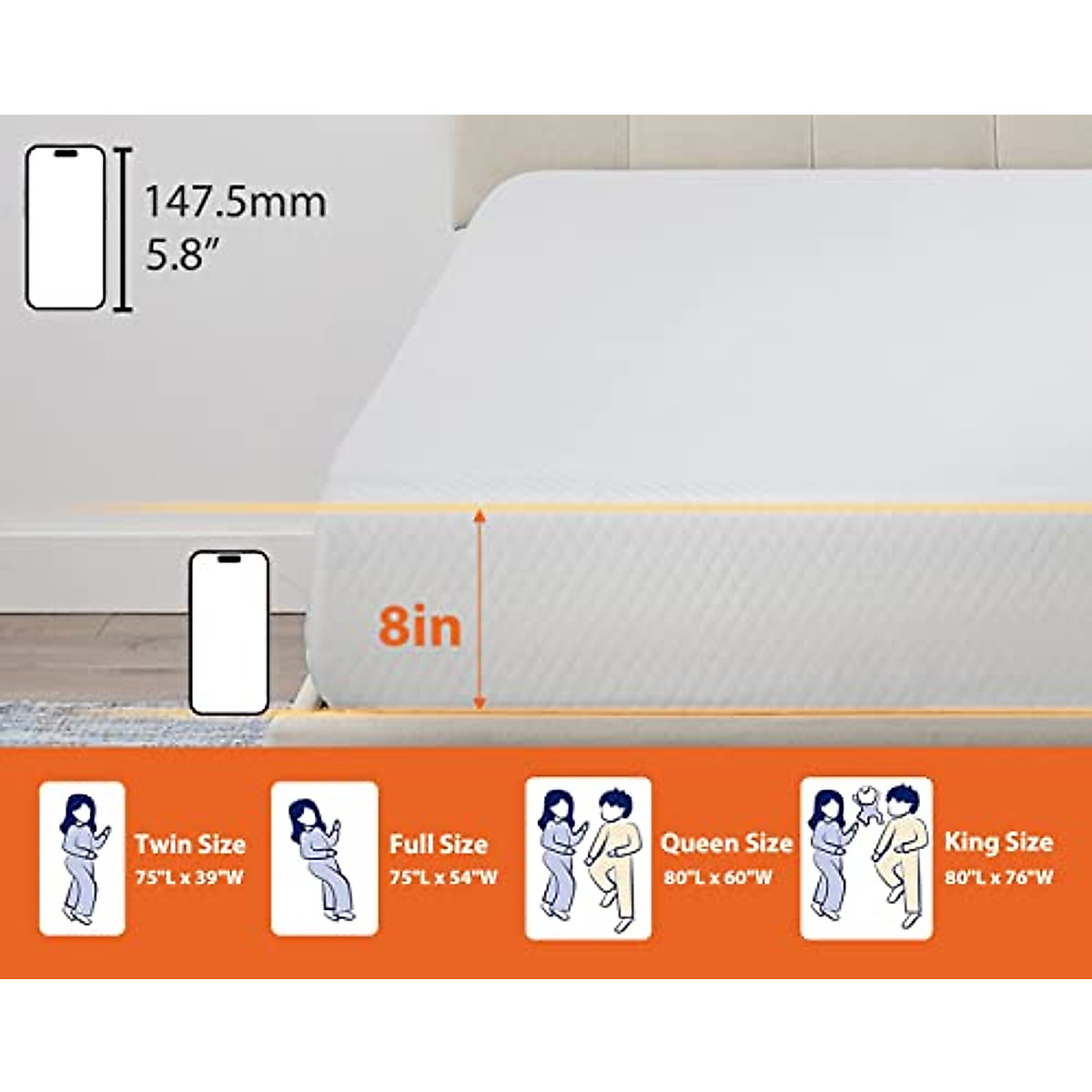 8 inch King Size Mattress, Gel Memory Foam King Mattress for a Cool Sleep & Pressure Relief, Medium Firm Mattress Pad King Size Mattresses, Bed in a Box, CertiPUR-US Certified & White (8 Inch, King)