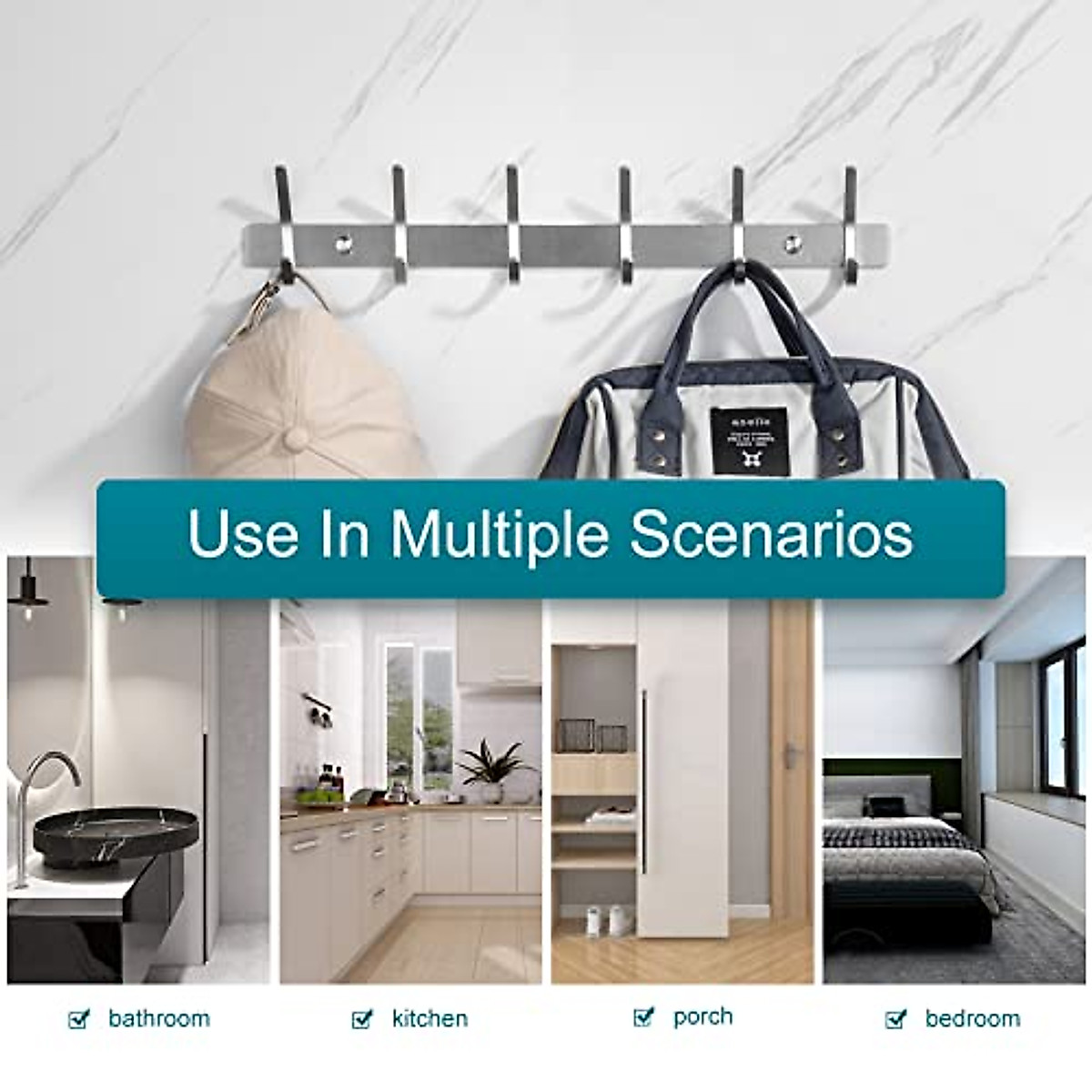 Simin&Liming Bathroom SUS304 Stainless Steel Coat Rack Wall Mounted Coat Hooks Wall Mounted Hanger Wall Hook Rack 6 Hooks for Hanging Coats Hats Jacket Clothes Available Behind The Room Door