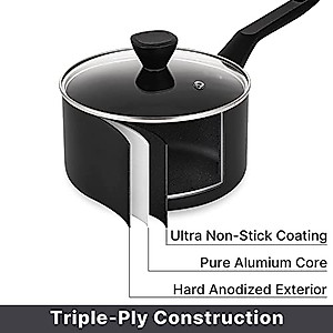 1.5 Quart Nonstick Sauce Pan Hard-Anodized Aluminum with Lid and Cool Touch Handles, Black