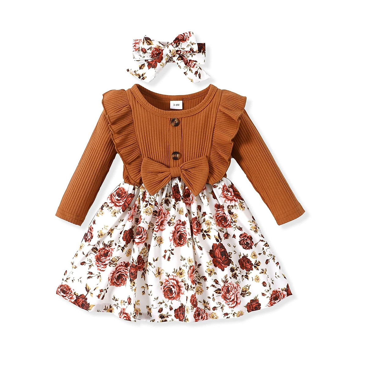 PATPAT Baby Girl Dress Infant Girls Long Sleeve Baby Casual Dress Round Neck Floral Print A-Line Dress Ginger 12-18 Months