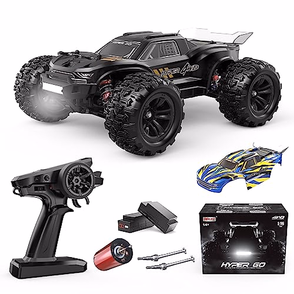 HYPER GO H16BM 1:16 RTR Brushless Fast RC Cars for Adults, Max 42mph Hobby Electric Off-Road Jumping RC Trucks, RC Monster Trucks Oil Filled Shocks Remote Control Car with 2 Batteries for Boys