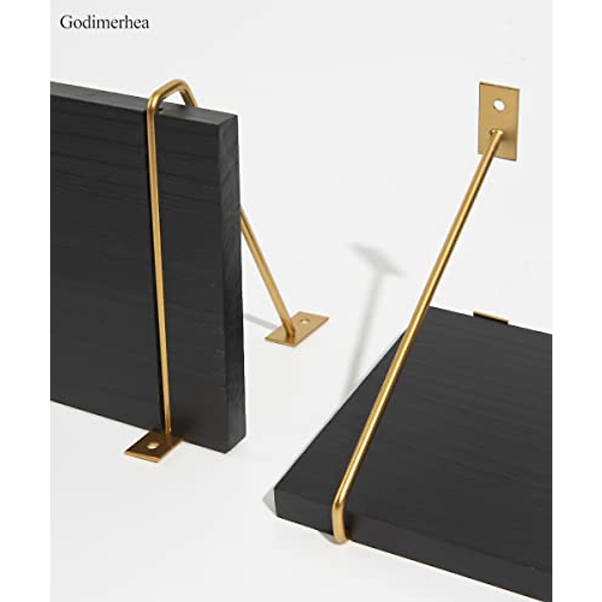 Godimerhea Black Floating Shelves for Wall, Set of 2 Wall Mounted Hanging Wood Shelf with Gold Brackets, Modern Luxury Decor Organizers Storage Shelves for Bathroom, Living Room, Bedroom