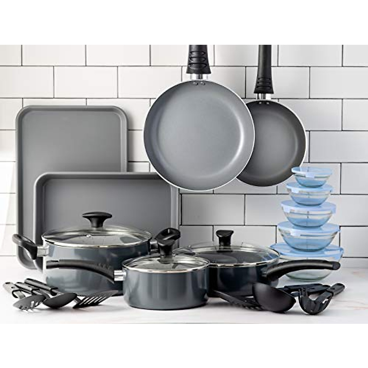 BELLA 21 Piece Cook Bake and Store Set, Kitchen Essentials for First or New Apartment, Assorted Non Stick Cookware, 9 Nylon Hassle-Free Cooking Tools, 5 Glass Storage Bowls w Lids, BPA & PFOA Free