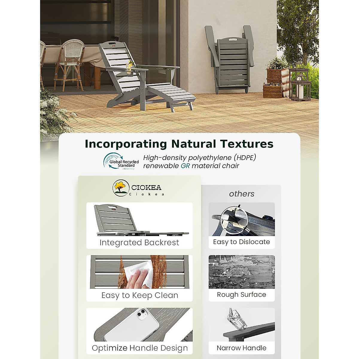 Ciokea Folding Adirondack Chair with Retractable Ottoman Fire Pit Patio Chair with Pull Out Foot Rest Weather Resistant Lawn Outdoor Lounge Chair with 2 Cup Holder (Grey)