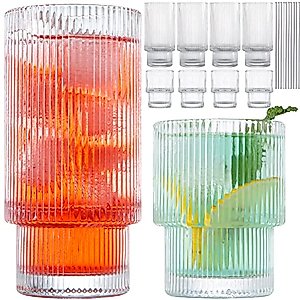 Claplante Drinking Glasses, Origami Style 8 pcs Glass Cups with straw, 4 Highball Glasses & 4 Rocks Glasses, Elegant Ripple Vintage Glassware, Iced Coffee Glasses, Ideal for Cocktail, Whiskey, Juice