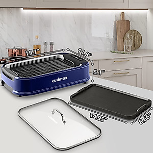 Smokeless Grill, CUSIMAX 1500W Indoor Grill, Electric Grill Griddle with LED Smart Display & Tempered Glass Lid, Portable Korean BBQ Grill, Non-stick Removable Grill & Griddle Plate