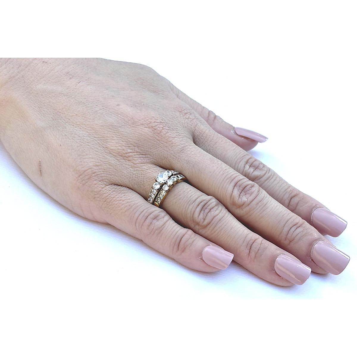 Lanyjewelry 1.35ct CZ Gold IP Stainless Steel WOMENS WEDDING/ENGAGEMENT RING SET- Size 10