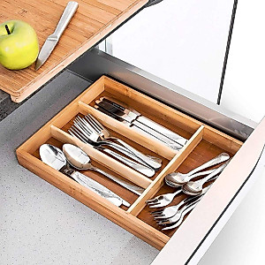 2 Pack Utensil Bamboo Silverware Organizer - 4 Compartments - Bamboo Hardware Jewelry Drawer Holder Kitchen Knives Tray Organizer