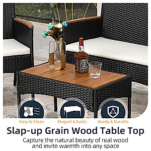 SUNLEI Multi Pieces Outdoor Patio Furniture Sets Conversation Sets Rattan Chair Wicker Set,Glass Table,Outdoor Indoor Use Backyard Porch Garden Poolside (Black, 4 PCS-White/Wood Tabletop)…