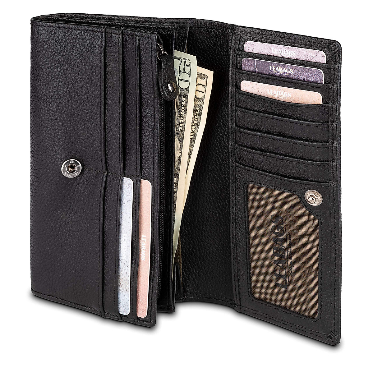 LEABAGS Leather Wallets for Women - RFID Blocking Button Closure 18 credit card slots - Women's Wallets Small Genuine Leather Bifold Compact