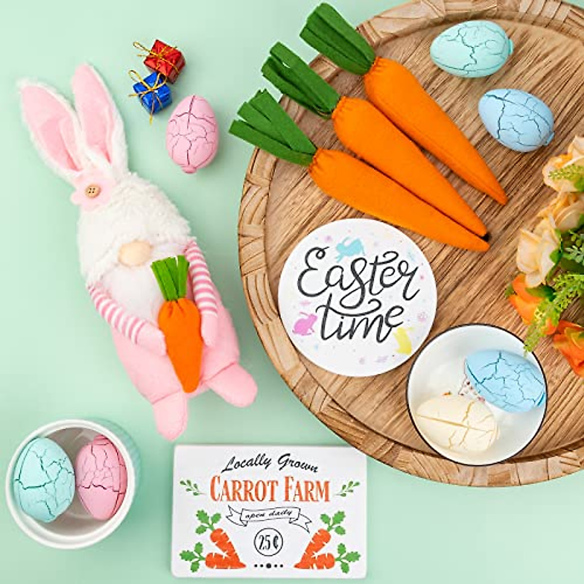 Easter Decorations - Easter Decor -6 Pieces Tiered Tray Decor Set Gnomes Plush,3 Carrots and 2 Wooden Signs Farmhouse Rustic Tiered Tray Decro for Home Table House Room