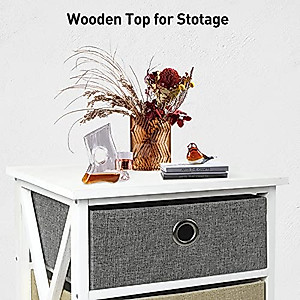 Nightstands Set of 2, with 3 Drawers, Wood Nightstand, Contrasting Colors Fabric Drawers, Easy Assembly Bedside Tables for Bedroom, College Dorm, Sturdy WhiteWood Frame, Wood Top, Easy Pull Handle.