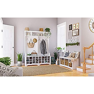 Prepac 24 Shoe Cubby Wide Hall Tree With Bench & Coat Hooks, 15. 5" D x 60" W x 77" H, White
