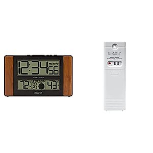 La Crosse Technology 513-1417CH-INT Atomic Digital Clock with Temperature and Moon Phase, 11.10"L x 1.14"W x 6.61"H, Cherry & TX141TH-BV4 Wireless Outdoor Thermo-Hygrometer Transmitting Sensor, White