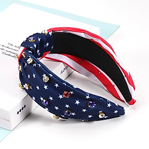 Budsmile American Flag Headbands for Women Girls Independence Day 4th of July Red White Blue Patriotic Headband USA Knotted Wide Rhinestone Hair Accessories Hair Hoops