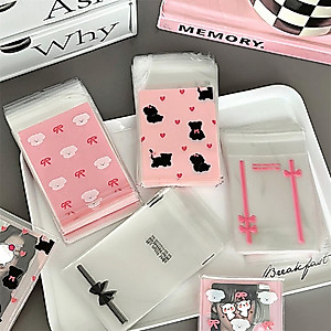 200Pcs Resealable Cellophane Bags Self Adhesive Cookie Bags,Pink Bow Small Candy Bags Treat Bags,Clear Photocard Sleeves,Plastic Bags Gift Bags for Dessert,Party Treats,Bakery,Card Protector Sleeves