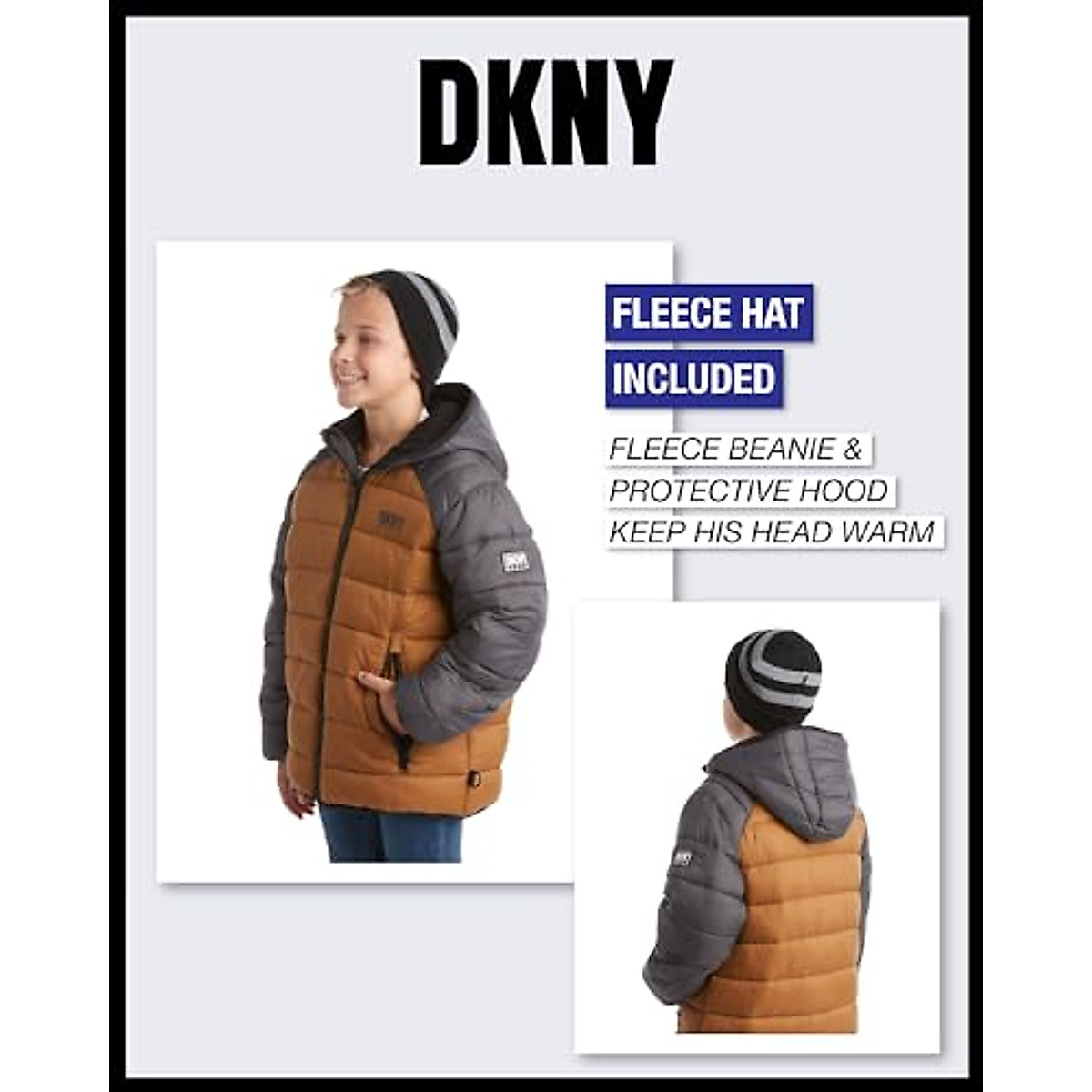 DKNY Boys' Winter Jacket - Midweight Polar Fleece Lined Quilted Insulated Parka Puffer Down Coat with Beanie Hat (Sizes:8-20), Size 10-12, Timber Tan/Charcoal