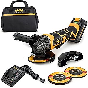 MOTORHEAD 20V ULTRA 4-1/2 inch Cordless Angle Grinder, Lithium-Ion, 10000RPM, 3 Position Handle, Paddle Switch, 2Ah Battery, Quick Charger, Bag, (3) Cutting, Grinding & Polishing Wheels, USA-Based