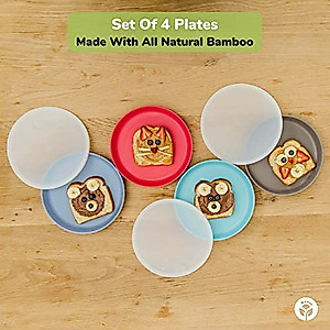 WeeSprout Bamboo, Silicone, Melamine Dishware Plate with Lids, Set of 4, Kid-Sized Design for Leftovers, Dishwasher Safe (Blue, Yellow, Orange, and Red)