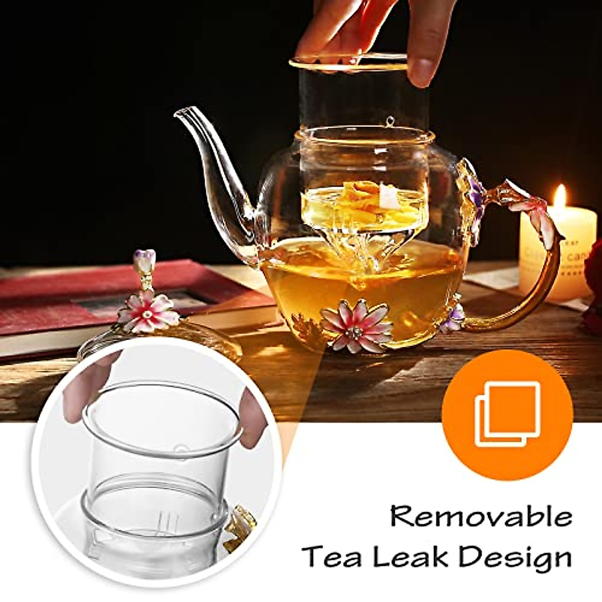 Luka Tech 35OZ Enamel Glass Flower Teapot With Removable Loose Tea Leaf Infuser Tea Maker,Gifts For Women,Mom,Mothers Day,Christmas,Birthday,Valentines Day