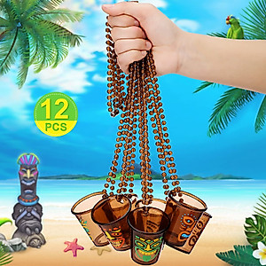 Janmercy 12 Pcs Tiki Shot Glasses on Beaded Necklace Hawaiian Plastic Shot Glass Necklaces Brown Funny Tiki Shot Necklace Cups for Summer Hawaiian Adult Teen Bachelorette Birthday Party Favor, 6 Style