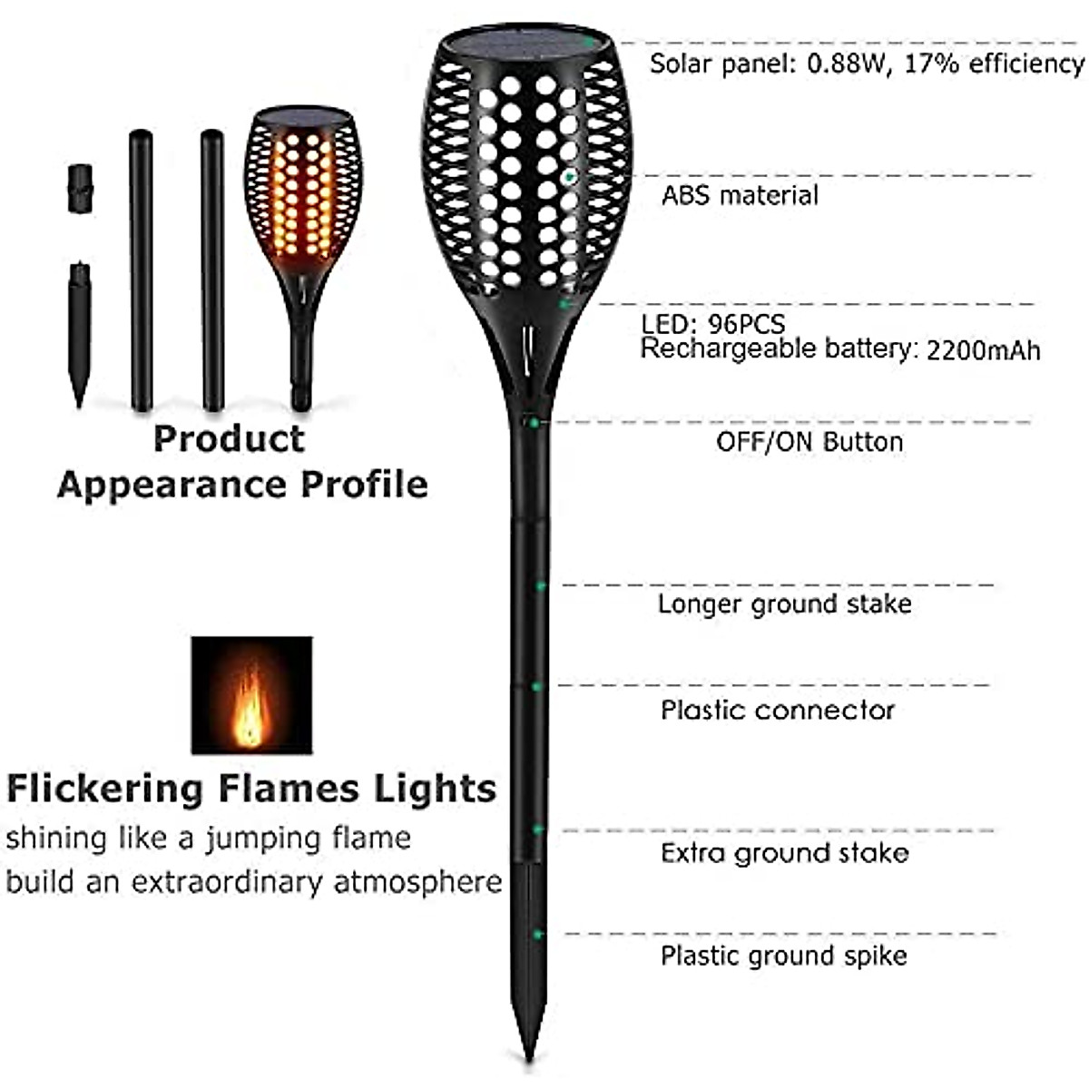 Aityvert Upgraded Larger Solar Torch Lights, Waterproof Outdoor Dancing Flames Lights, Flickering Flames Garden Lights, Landscape Decoration Pathway Patio Lights 43" 96 LED (6)