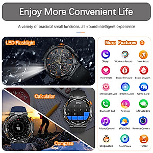 Military Smart Watch for Men Answer/Make Call, Outdoor Waterproof Tactical Sports Smartwatch with LED Flashlight Compass, Heart Rate Sleep Monitor Fitness Tracker Watches for iPhone Android Phone
