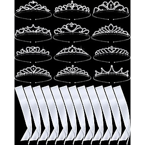 Juinte 12 set Sashes and Crown Set Satin Sashes for Pageants Rhinestone Prom Queen Tiara Crown White Blank Sash DIY for Birthday Wedding Beauty Pageant Prom Party Supplies(White, Silver)