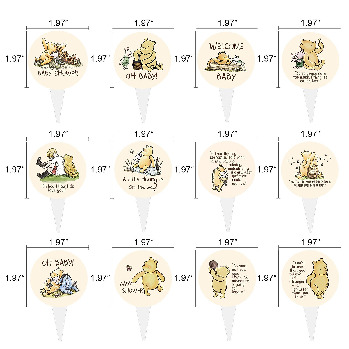 Winnie Quotations Cupcake Toppers 48 Pcs 12 Designs Classic Pooh Baby Shower Decorations Cute 1 St Birthday Party Supplies For Kids Dessert Favor