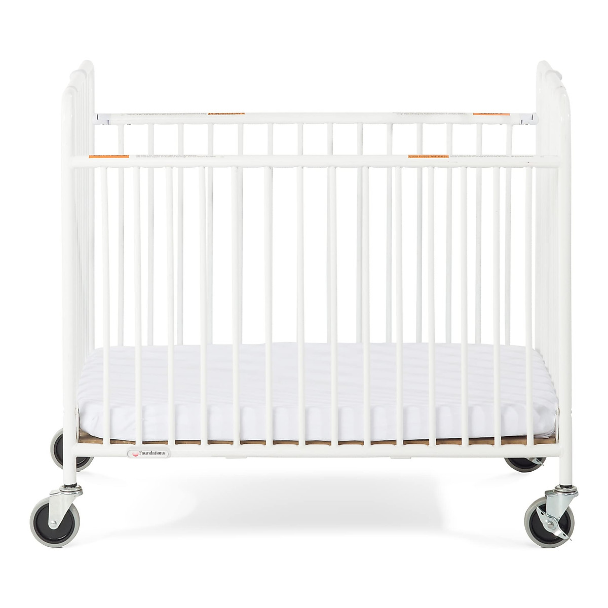 Foundations Stowaway Metal Folding Crib, Portable Baby Crib with Foam Mattress and Commercial Grade 3" Casters, Compact Traveling Crib (White Steel)