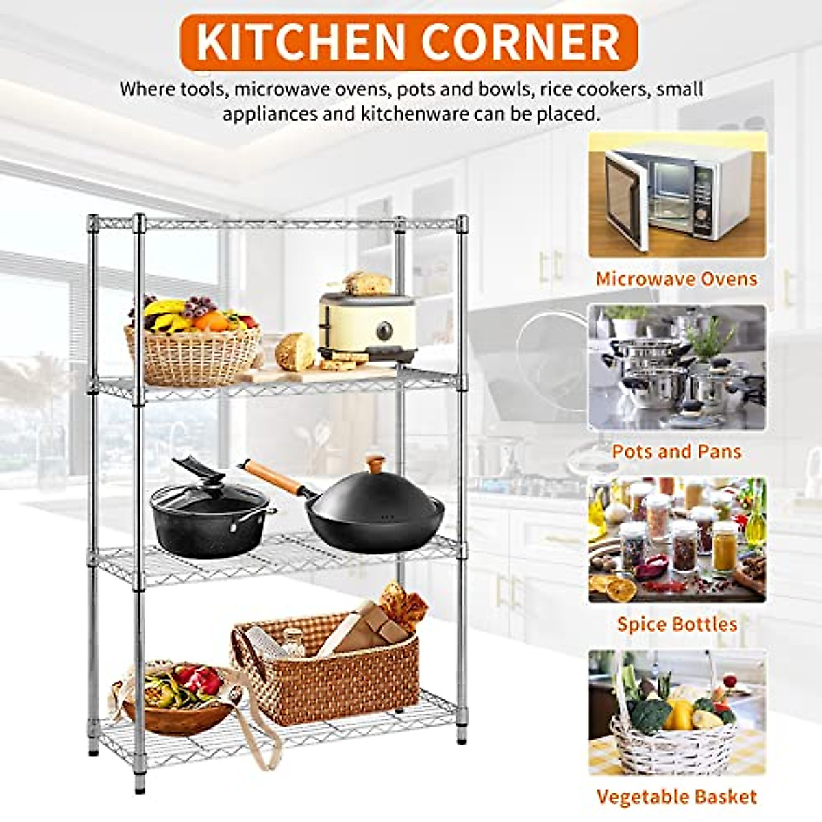 BLKMTY 4-Tier Storage Shelves Wire Rack Metal Shelving Unit, Freestanding Shelf Adjustable Metal Shelves for Storage Rack Kitchen Pantry Closet Laundry Bathroom, 36" L x 14" W x 54" H, Chrome