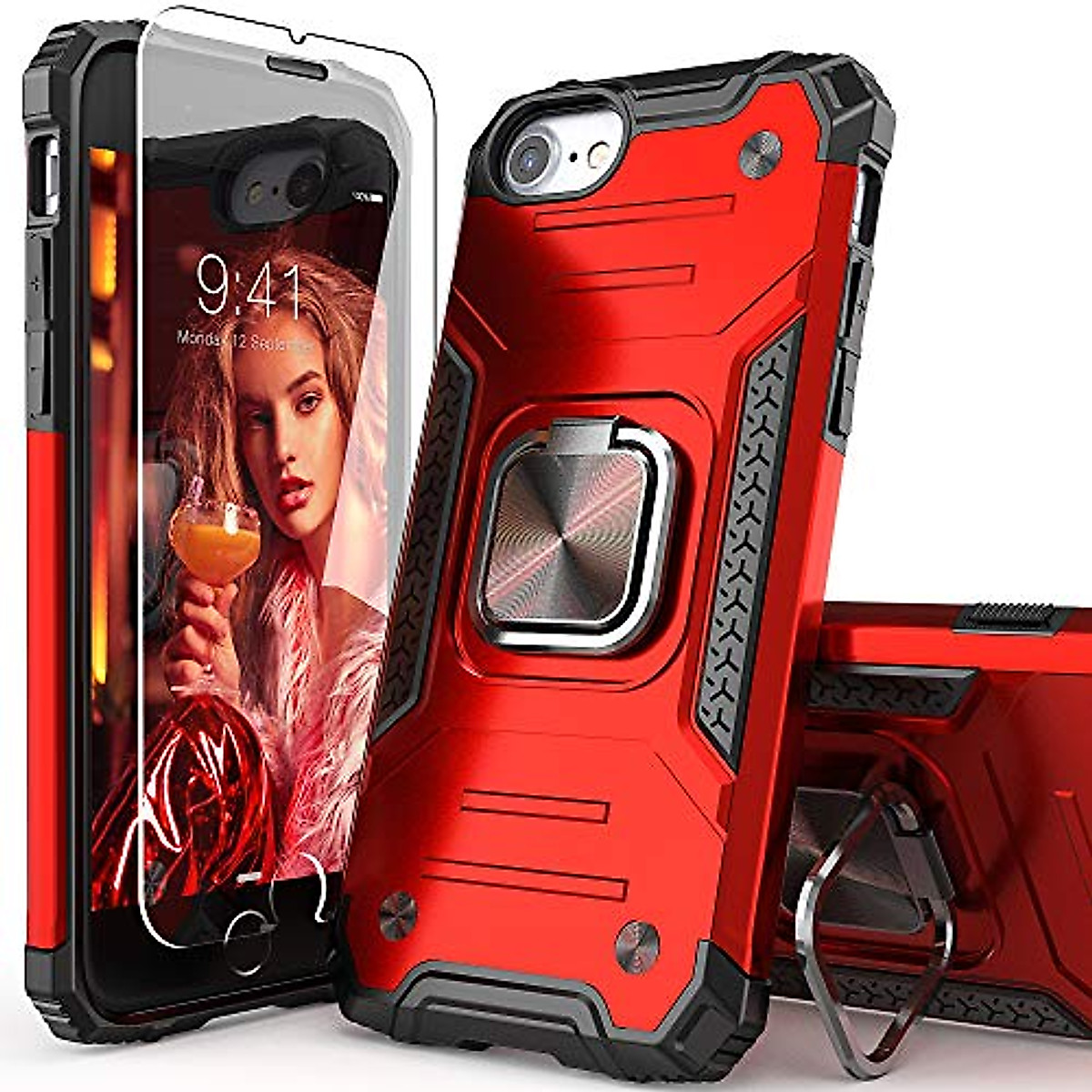 IDYStar iPhone SE 2020 Case with Screen Protector,iPhone SE 3 2022 Case,Shockproof Drop Test Cover with Car Mount Kickstand Lightweight Protective Case for iPhone 6/6s/7/8/SE 2020/SE 3 2022, Red