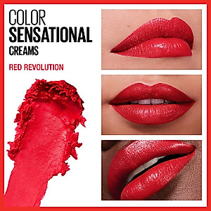 Maybelline Color Sensational Lipstick, Lip Makeup, Cream Finish, Hydrating Lipstick, Nude, Pink, Red, Plum Lip Color, Red Revolution, 0.15 oz; (Packaging May Vary)